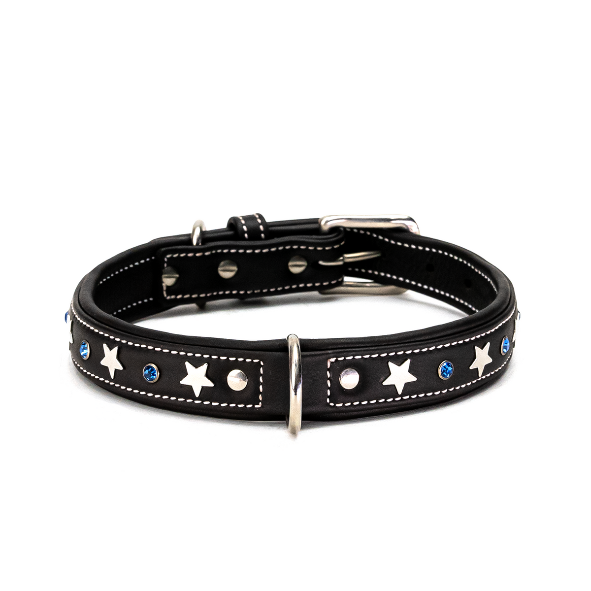 Adjustable Leather Dog Collar with Silver Softy Stars and Blue Accent ...